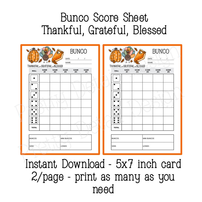 Printable Bunco Thanksgiving Scorecard, Score Sheet, Bunko Party, Fall ...