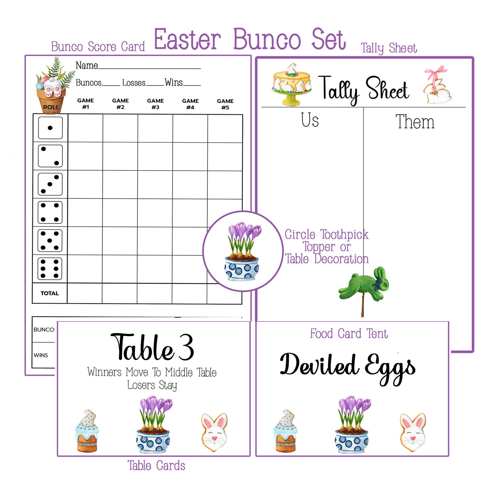 Easter Bunco Scorecard Bundle, Watercolor Party Printables (digital ...