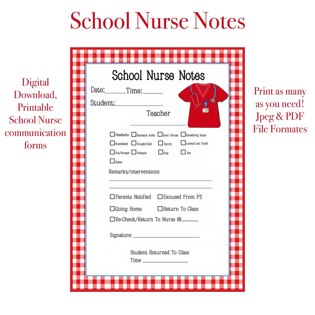 Red School Nurse Notes Printable, School Nurse Office Pass, School ...