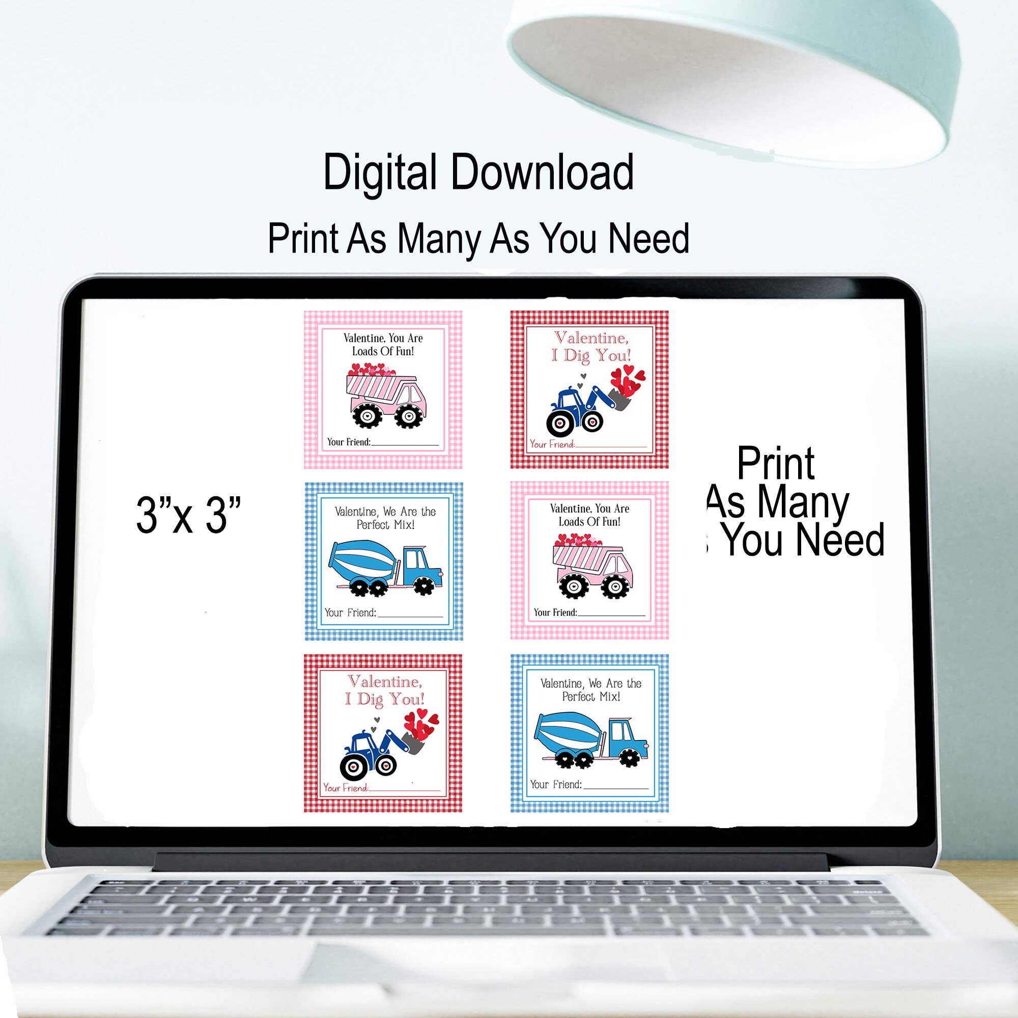 Printable Valentine Cards for Kids, Truck Valentine Tag Valentine Favor ...