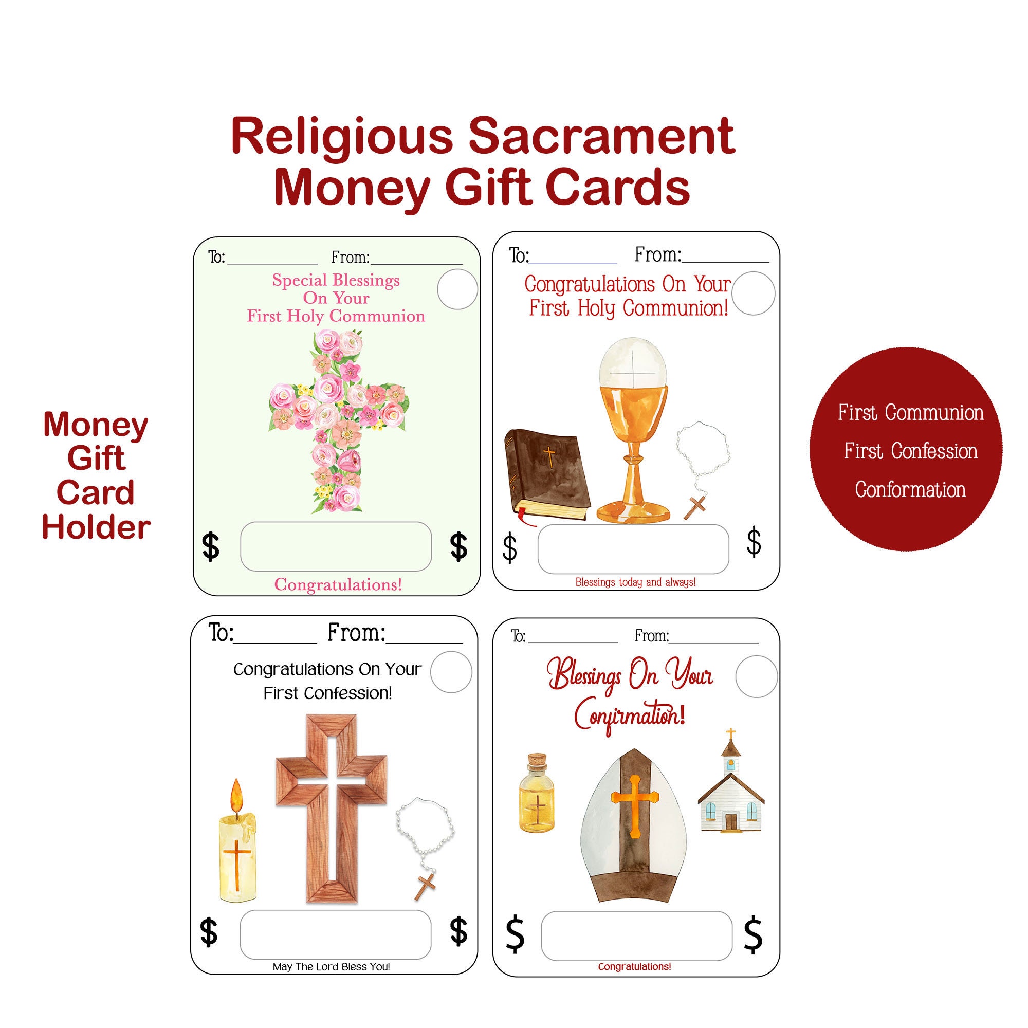 Printable Religious Sacrament Money Gift Cards PDF & PNG, First ...