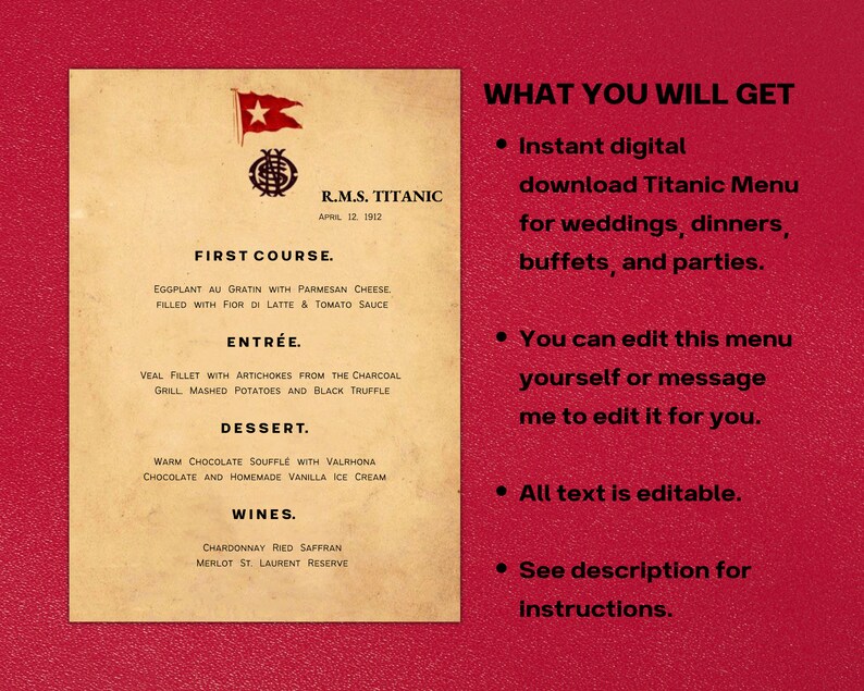 Titanic Dinner Menu Printable Template Titanic Wedding - Etsy Hong Kong