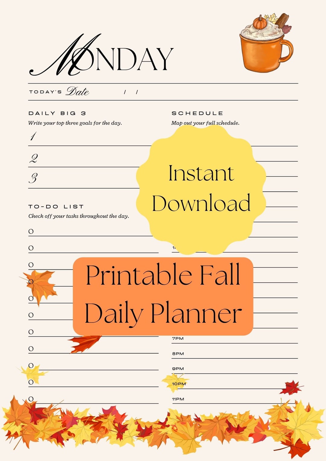 Printable Fall Autumn Personal Daily Schedule Planner - Etsy