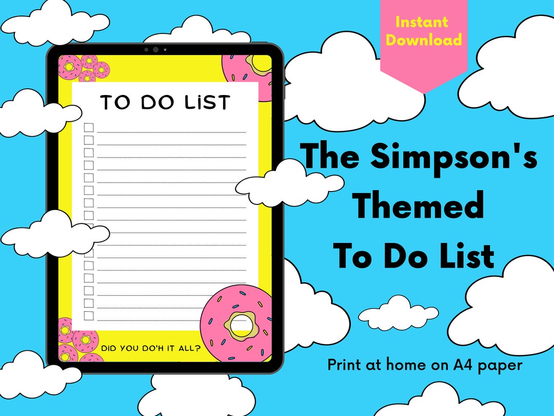 The Simpsons Themed to Do List, Notes, Cartoon, Donut, A4, Print at ...