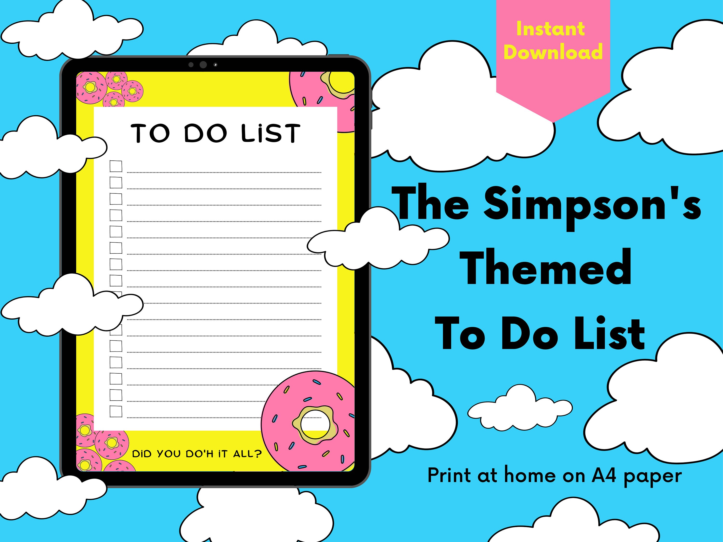 The Simpsons Themed to Do List, Notes, Cartoon, Donut, A4, Print at ...