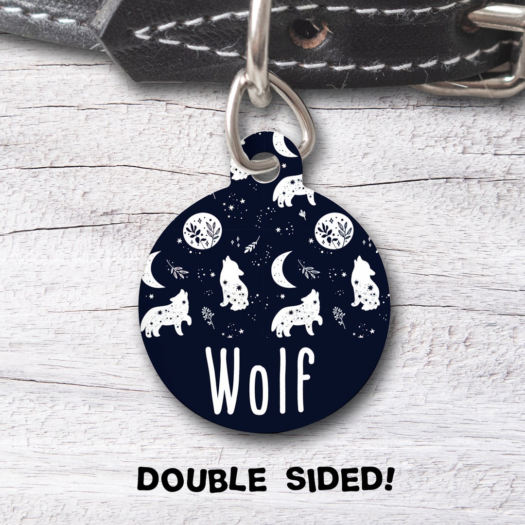 Howling Wolf Pattern Dog Tag Handmade Double Sided Wolf Moon Dog Cat ...