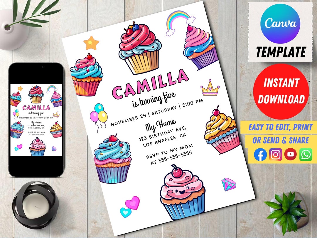 Editable Cupcakes Birthday Party Invitation Cupcake Birthday - Etsy