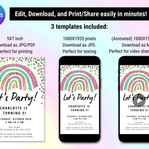 Rainbow Glitter Birthday Party Invitation Template, Colorful Glitter ...