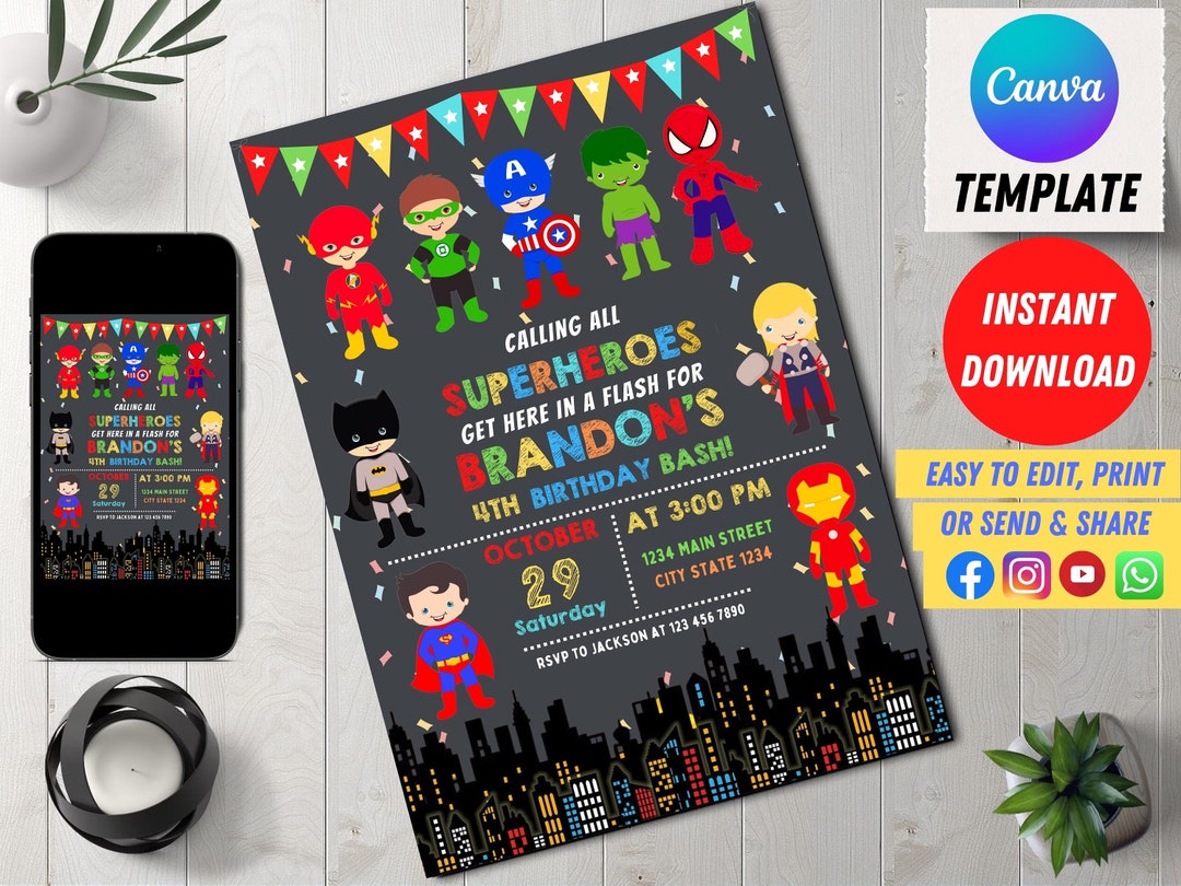 Editable Superheroes Birthday Invitation Digital, Superhero Kid Evite ...