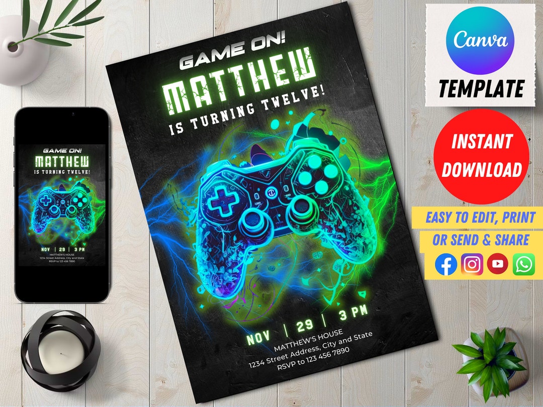EDITABLE Video Game Party Invitation, Printable Gamer Birthday Invite ...