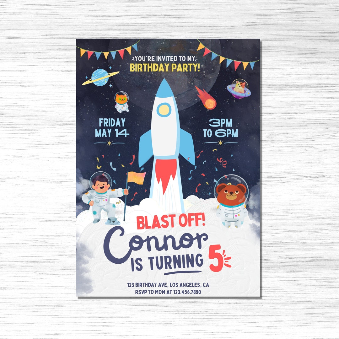 Outer Space Birthday Invitation Template, Planets Rocket Ship Astronaut ...