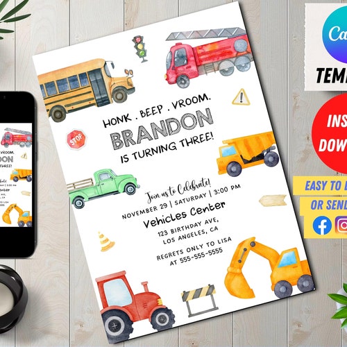 Editable Transportation Birthday Invitation Digital Truck Car - Etsy