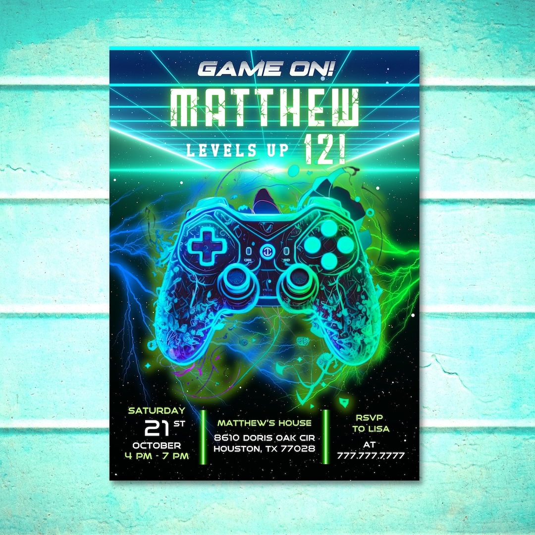 Video Game Birthday Invitation Template, Video Game Invitation, Green ...