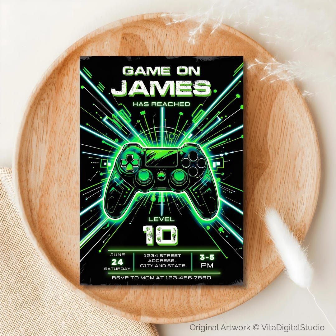 Editable Video Game Birthday Invitation | Green Neon Game on Party ...