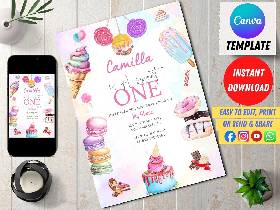 Sweet One Birthday Invitation Pastel Sweets Invite Dessert - Etsy