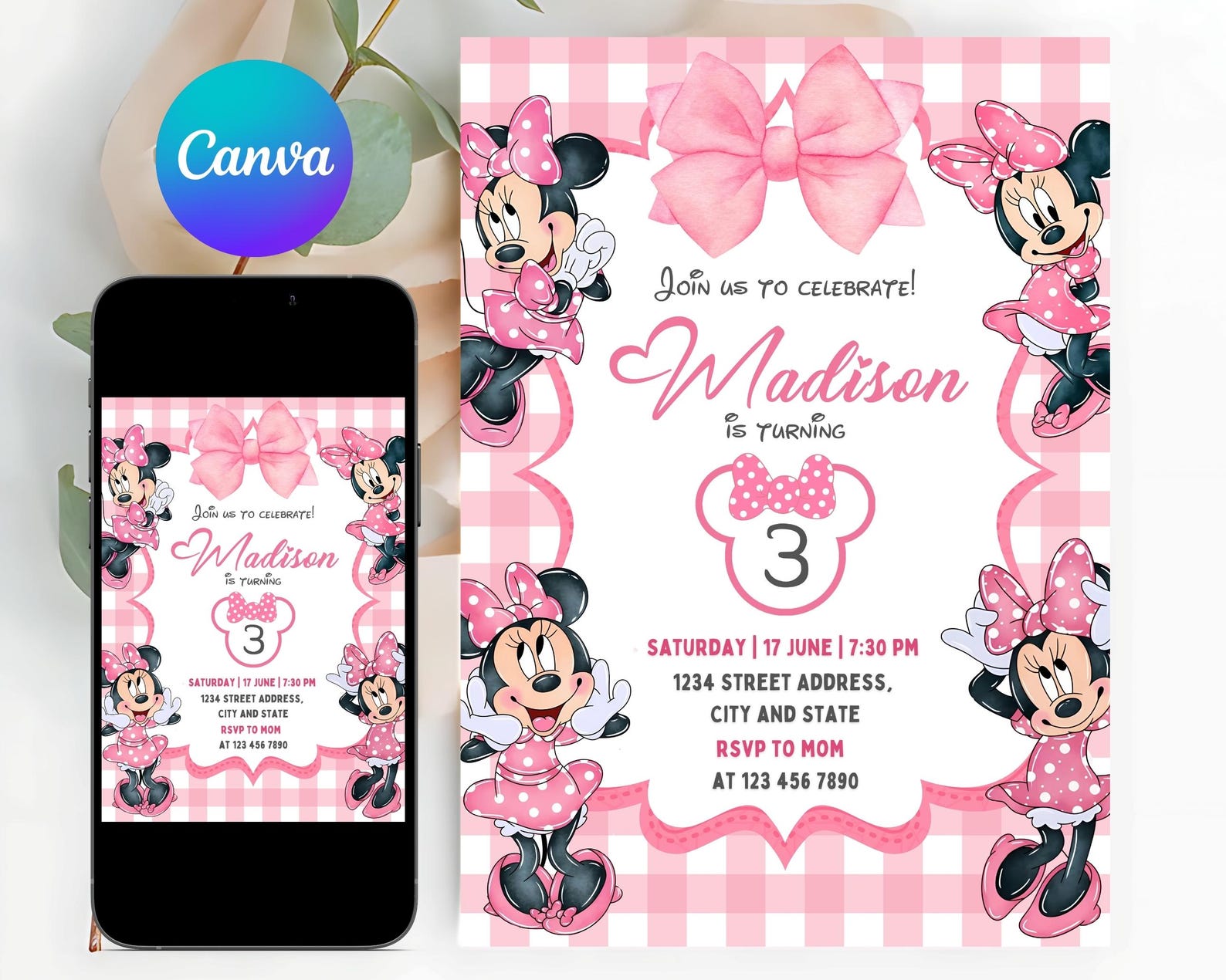 Editable Pink Minnie Mouse Birthday Invitation, Watercolor Girls ...