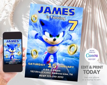 Editable Birthday Sonic Shadow Invitation, Super Hedgehog Kids Party E ...