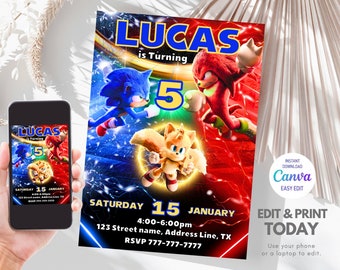 Editable Birthday Sonic Shadow Invitation, Super Hedgehog Kids Party E ...