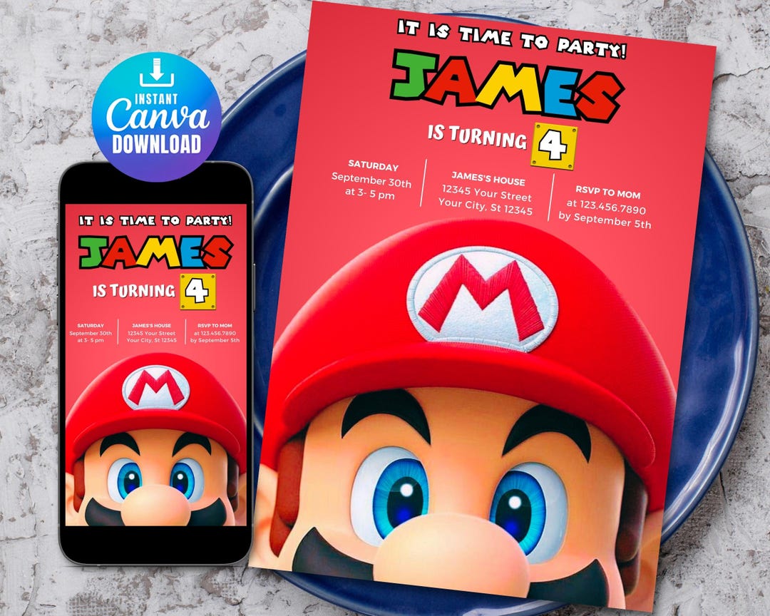 Super Mario Birthday Invitation, Mario Bros Birthday Card, Super ...