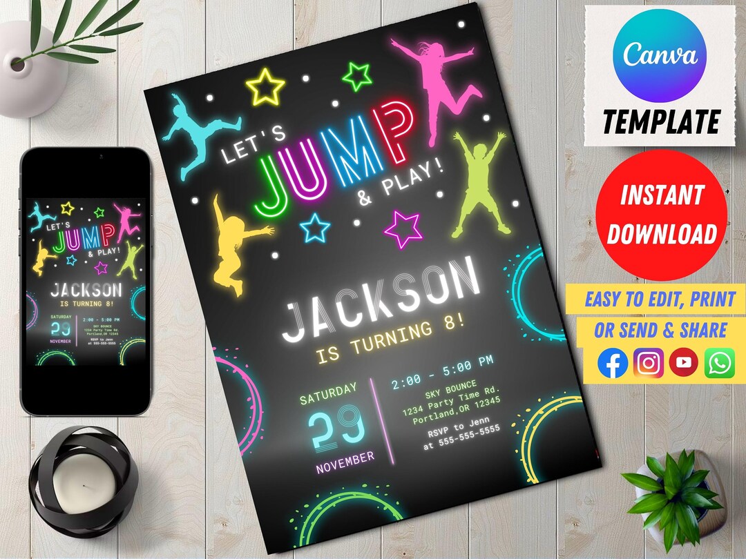 Editable Jump Birthday Invitation Digital, Editable in Canva Printable ...