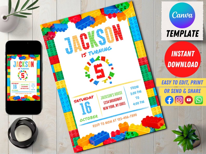 Building Blocks Birthday Invitation | Building Bricks Kids Birthday ...