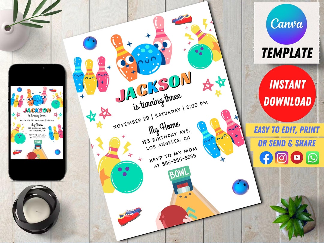 Editable Bowling Birthday Invitation Bowling Invitation - Etsy