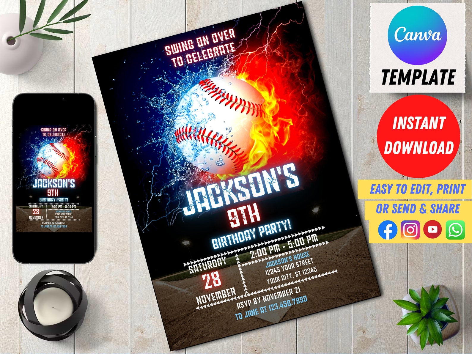 Editable Baseball Invitation, Baseball Birthday Party Invitation ...