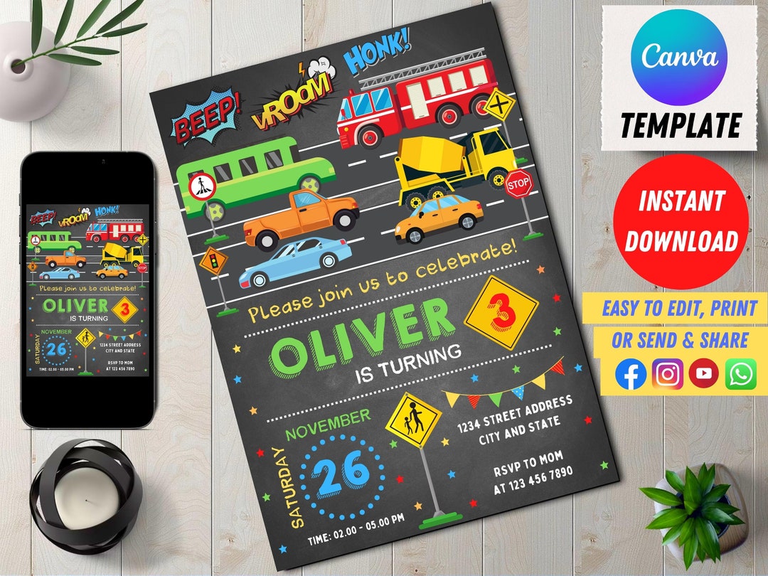 Editable Transportation Birthday Invitation Digital, Truck Car Evite ...