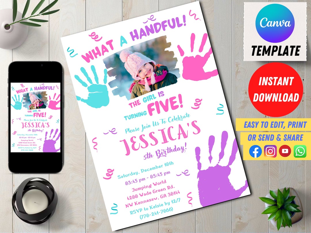 Editable Handful Fifth Birthday Party Invitation for Girl, 5th Birthday ...