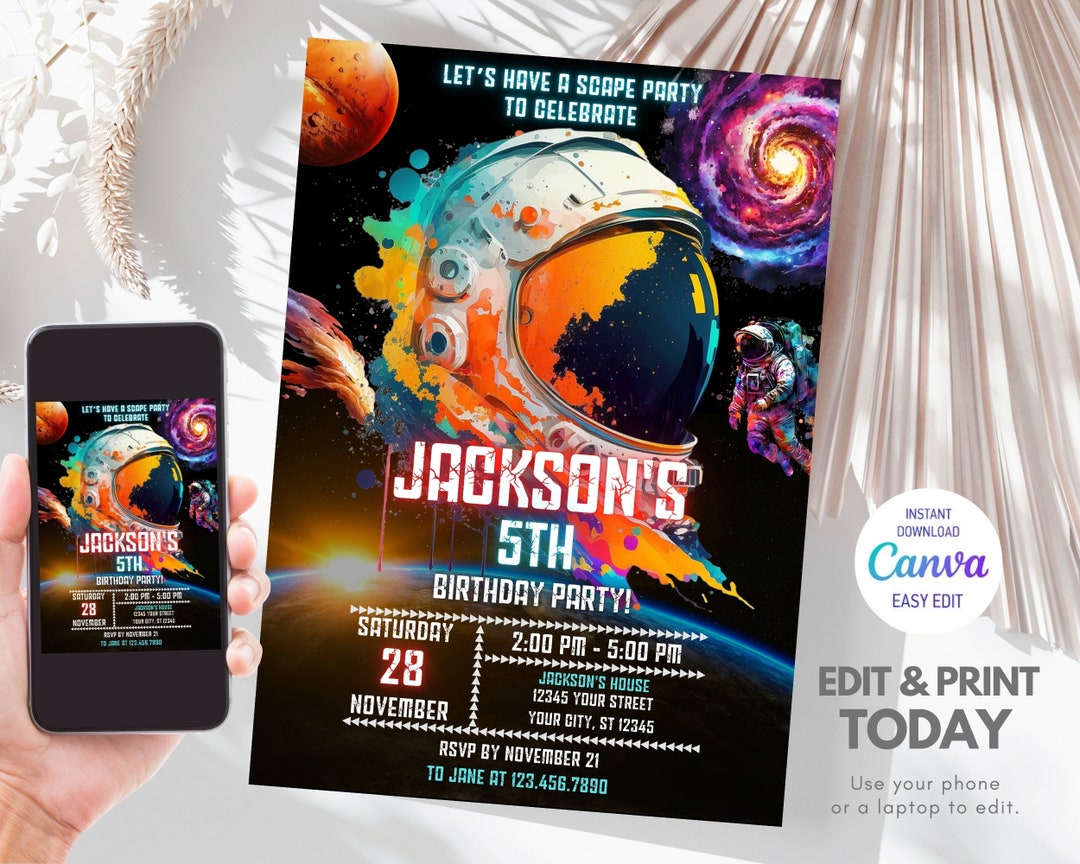Outer Space Birthday Invitation Template, Planets Rocket Ship Astronaut ...