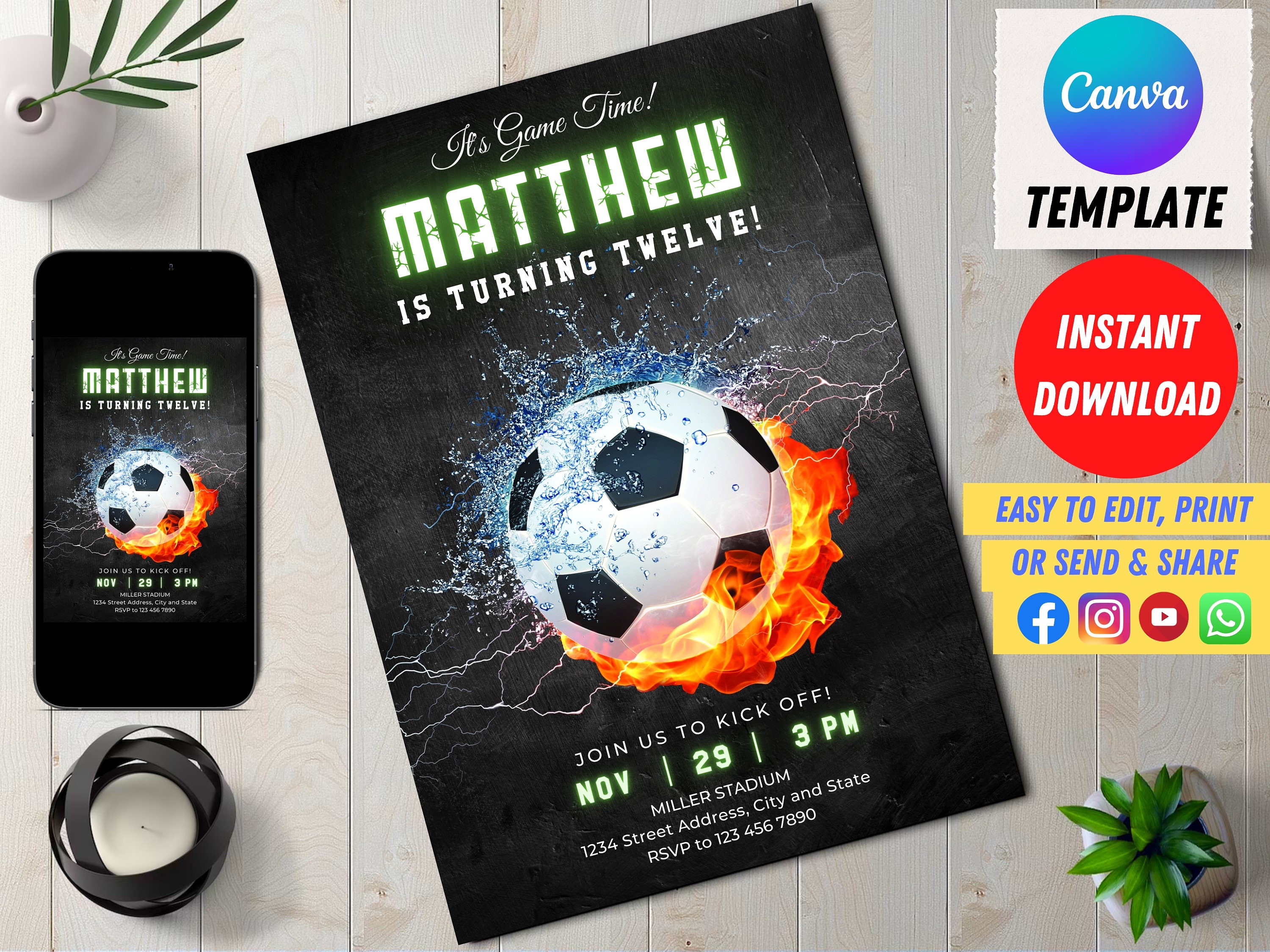 Editable Soccer Birthday Invitation Digital Soccer Party - Etsy