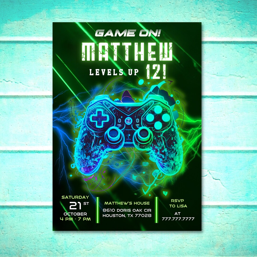 Video Game Birthday Invitation Template, Video Game Invitation, Neon ...