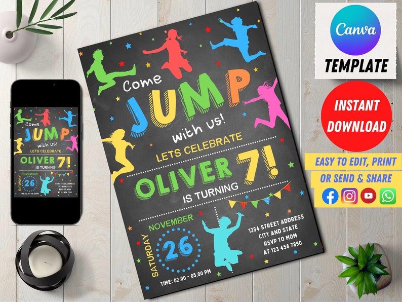 Editable Jump Birthday Invitation Digital Editable in Canva - Etsy