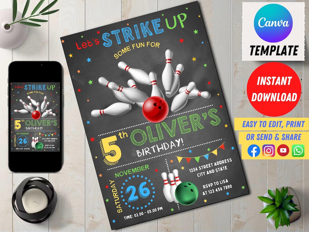 Editable Bowling Birthday Invitation Canva Template, Bowling Digital ...