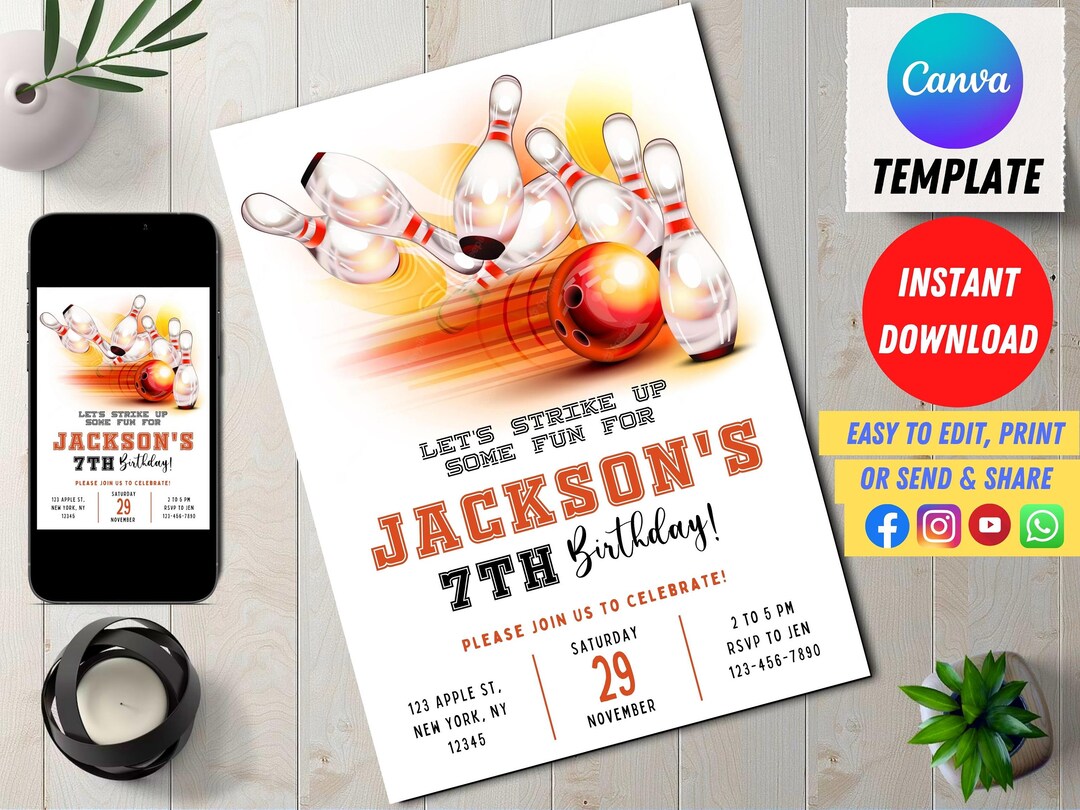 Editable Bowling Birthday Invitation, Bowling Digital Evite, Sports ...