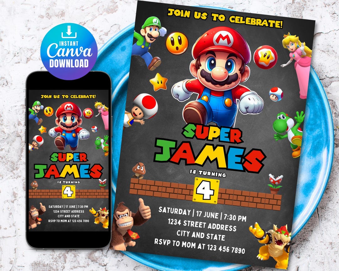 Super Mario Birthday Invitation | Super Mario Invitation | Birthday ...