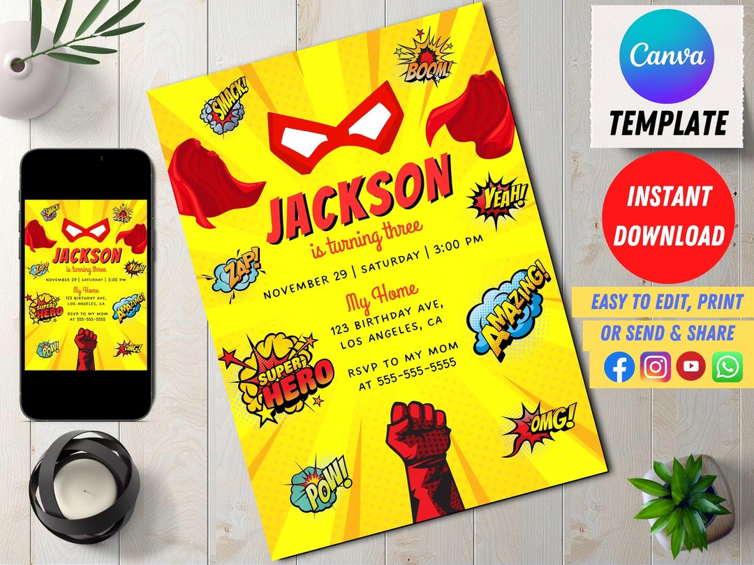 Editable Superheroes Birthday Invitation Digital Superhero - Etsy