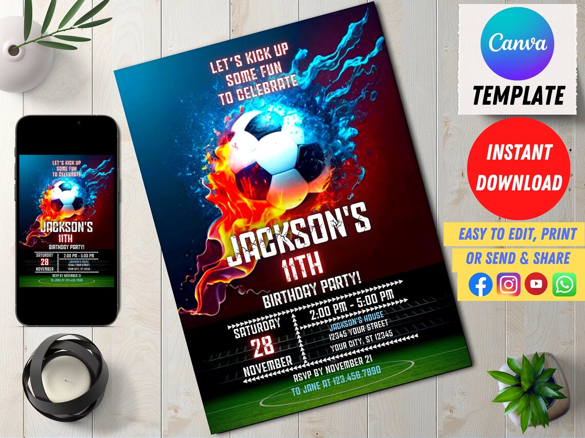 Editable Soccer Birthday Invitation Digital, Soccer Party Invite ...