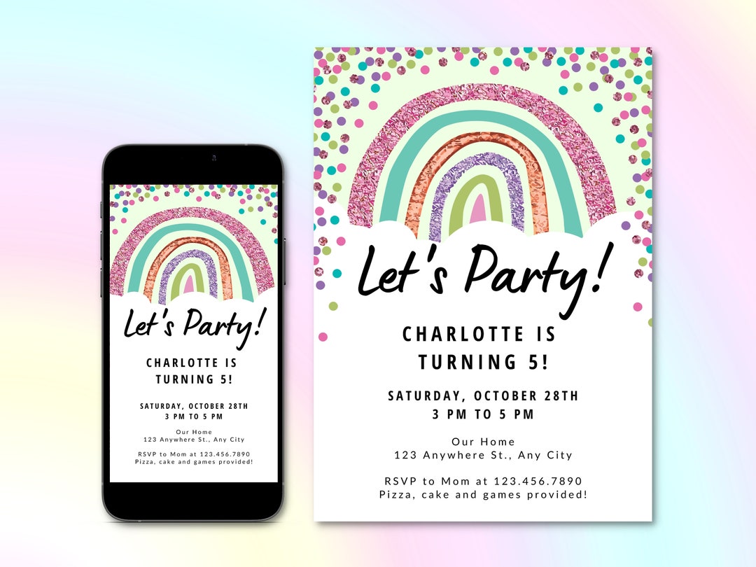 Rainbow Glitter Birthday Party Invitation Template, Colorful Glitter ...