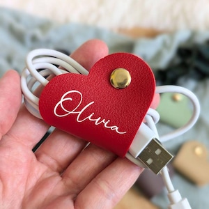 Personalized Heart-shaped Cable Organizer | Custom Vegan Leather Cord ...