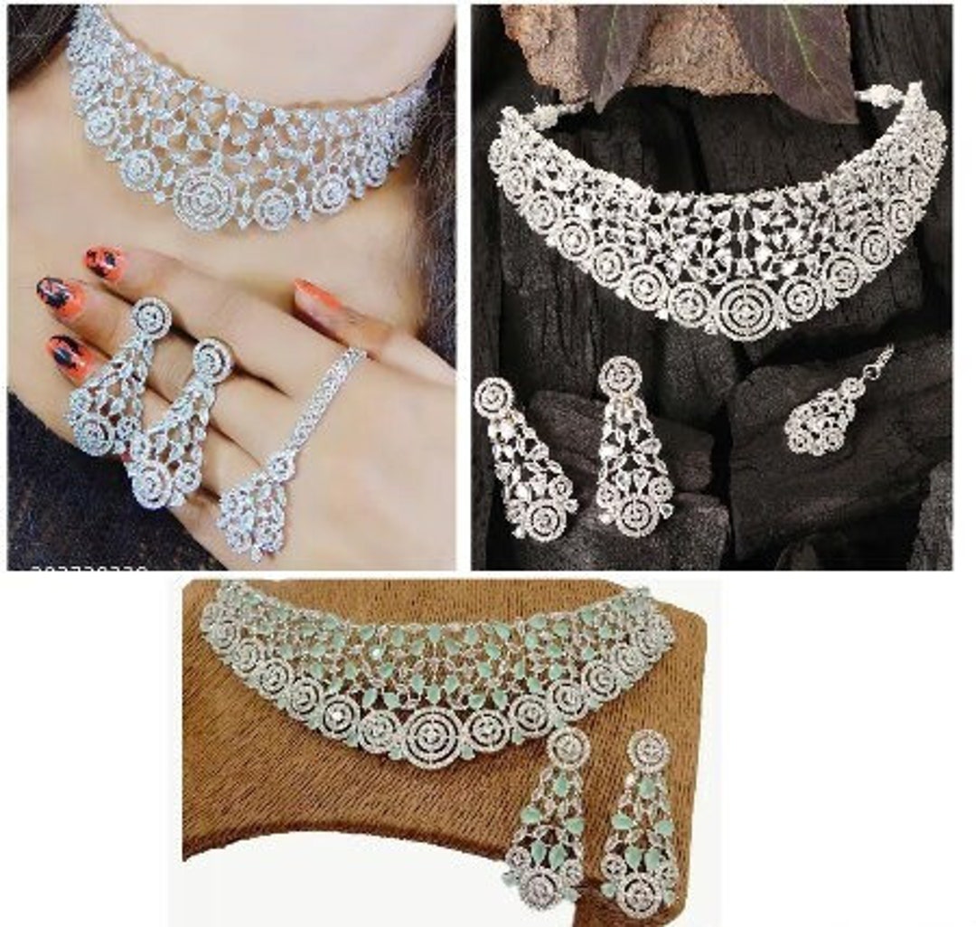 Cubic Zirconia AD Necklace Set Bridal Wedding Indian Necklace Bollywood ...