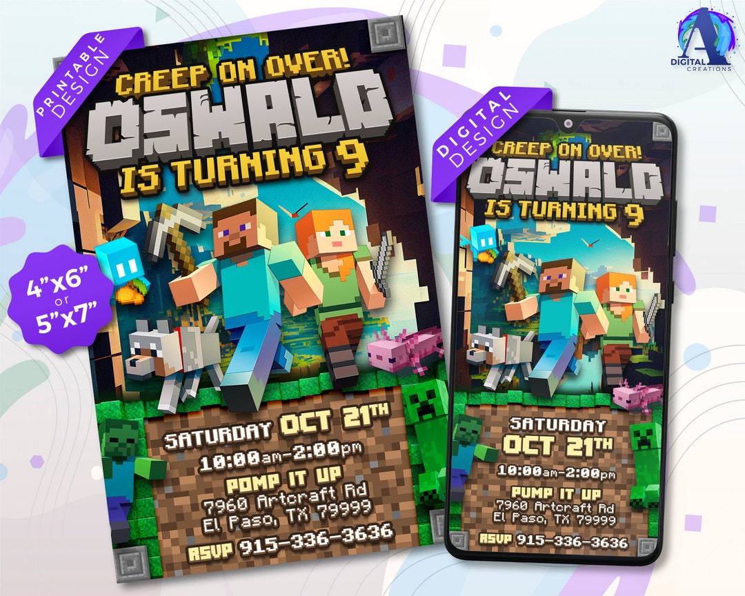 Invitación de cumpleaños de Minecraft Mine Pixel Party - Etsy España