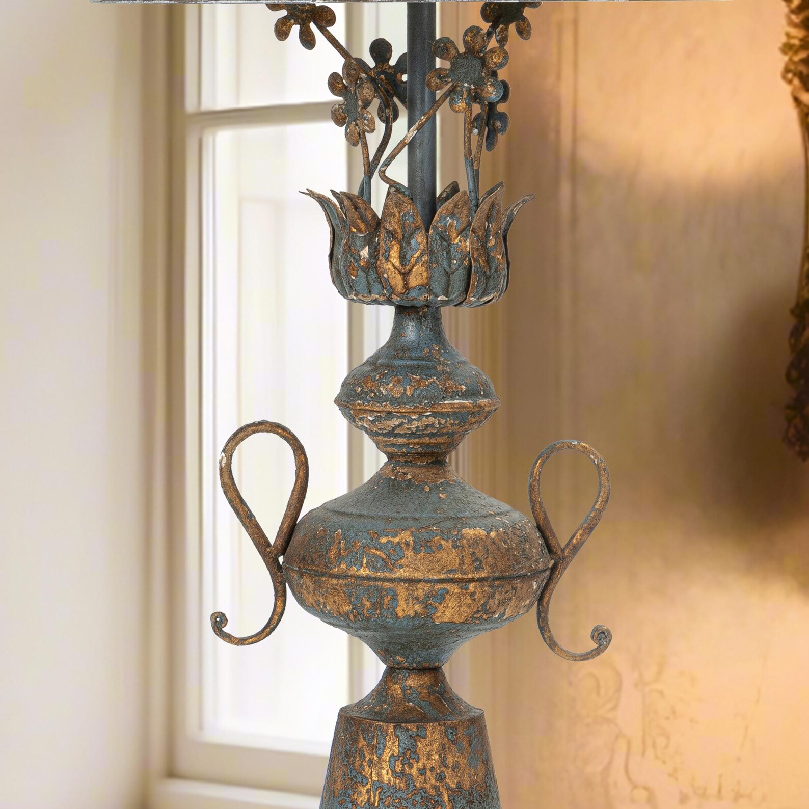 Vintage Distressed Blue Gold Table Lamp, Ornate Metal Flower Scroll ...