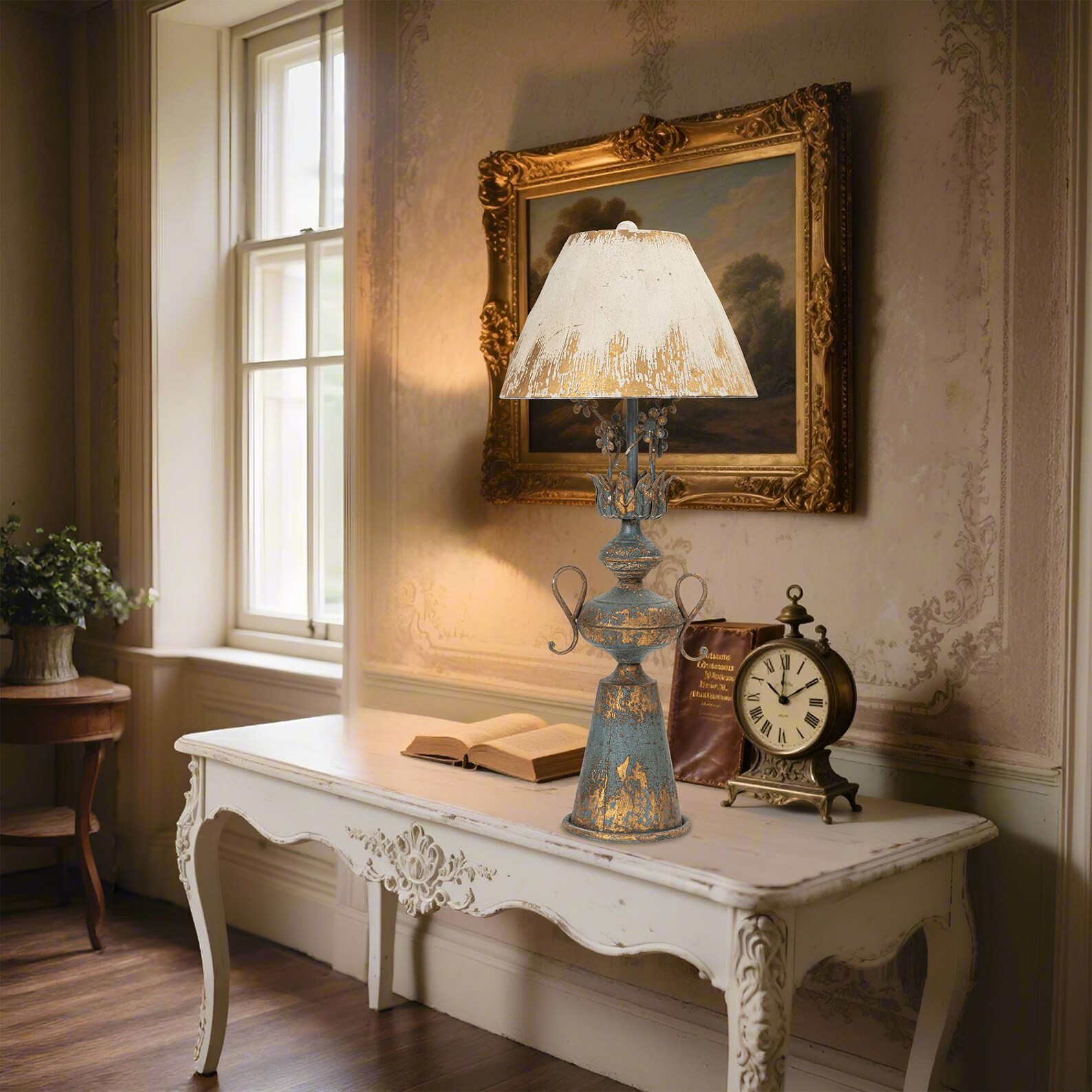 Vintage Distressed Blue Gold Table Lamp, Ornate Metal Flower Scroll ...