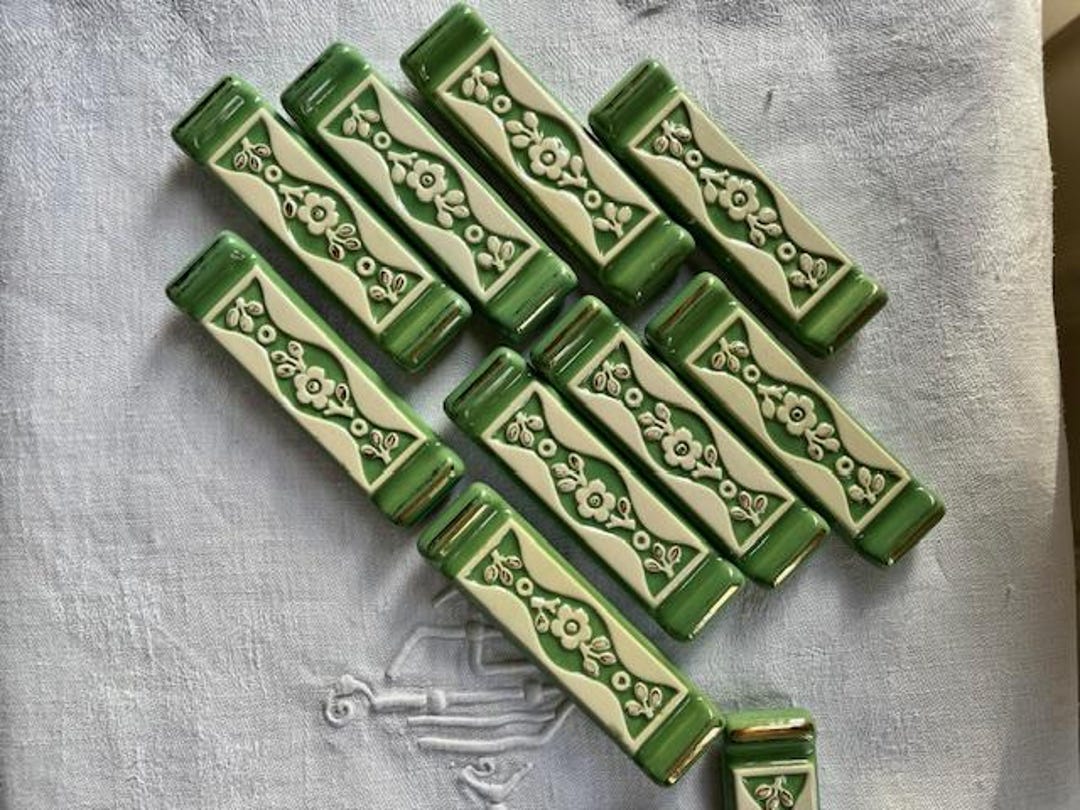 Set of 10 Art Deco Green Ceramic Knife Rests – Multicolored Flower ...