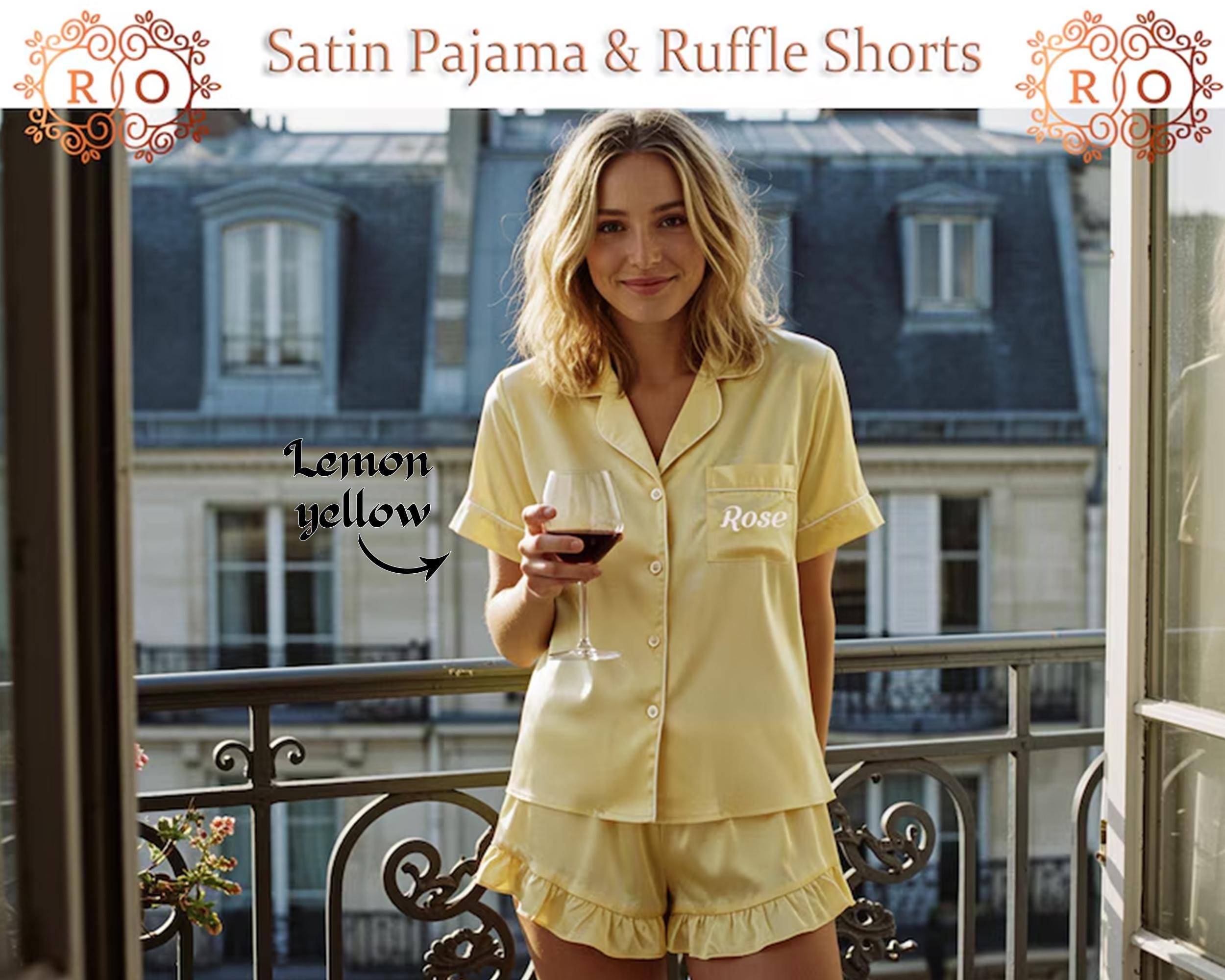 Personalized Satin Pajama Set With Ruffle Shorts Custom Name Yellow ...