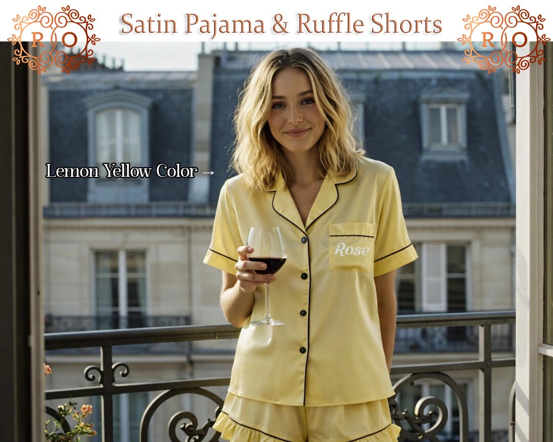 Personalized Satin Pajama Set With Ruffle Shorts Custom Name Yellow ...