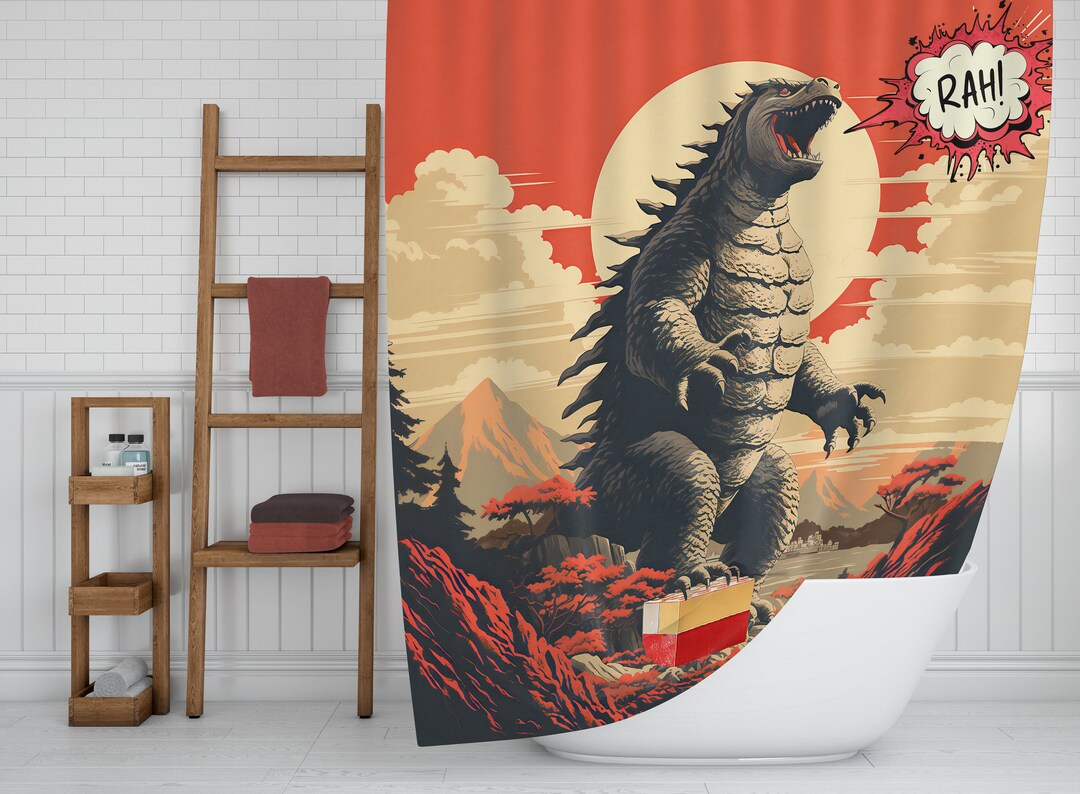 Funny Shower Curtain • Godzilla Stepping on A Lego • Japanese Shower Curtain • New Dad Gift for ...