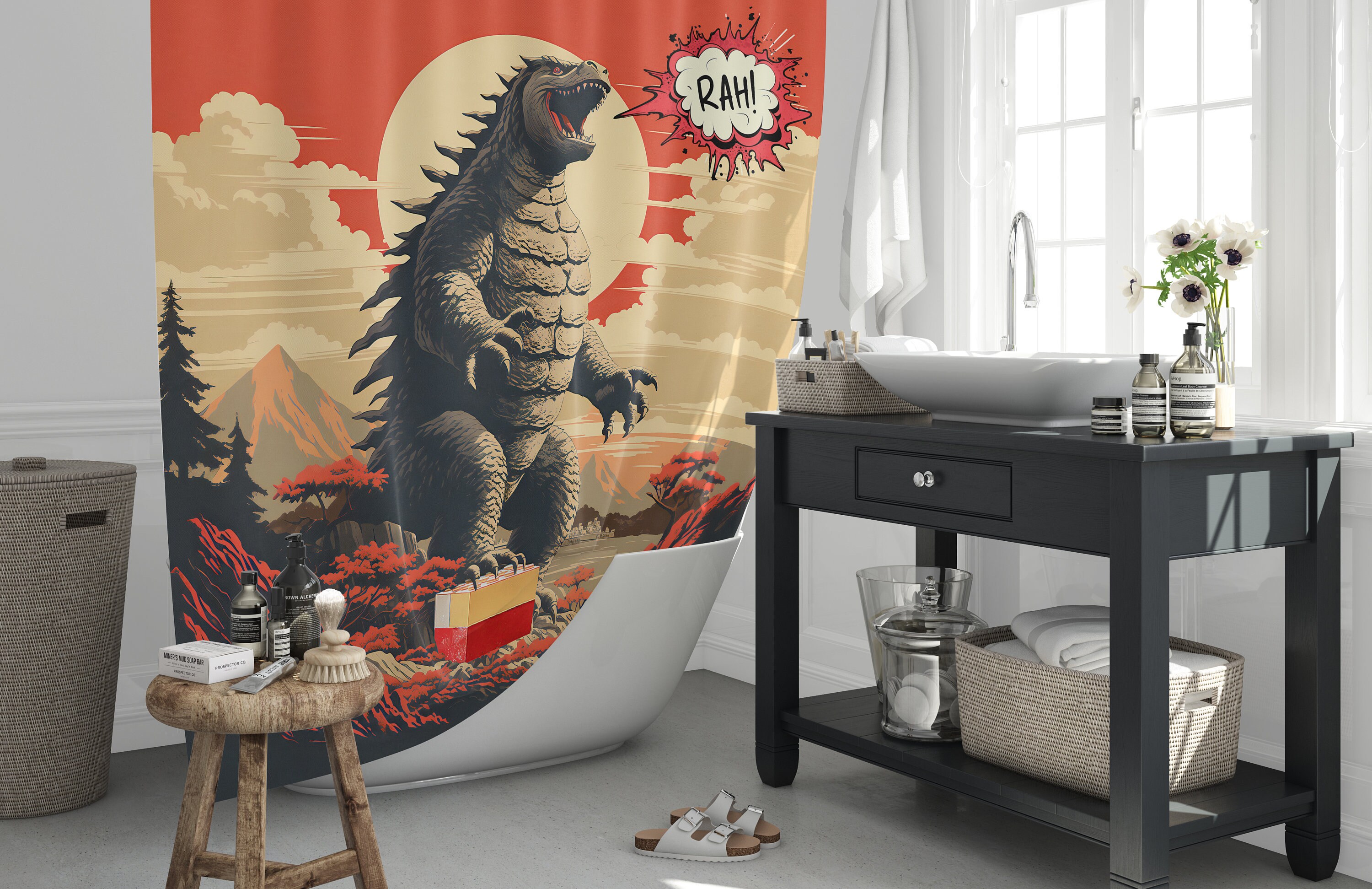 Funny Shower Curtain Godzilla Stepping on A Lego Japanese Shower ...