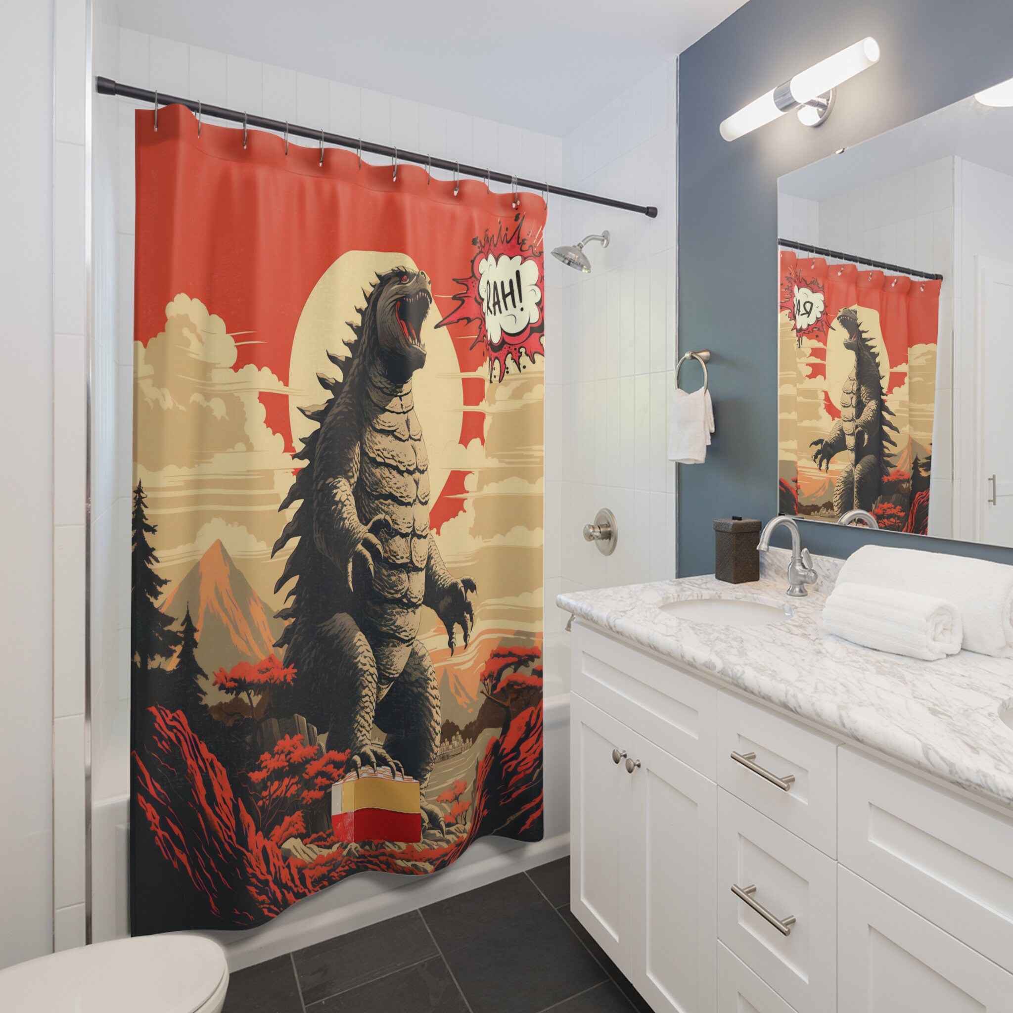 Funny Shower Curtain Godzilla Stepping on A Lego Japanese Shower ...